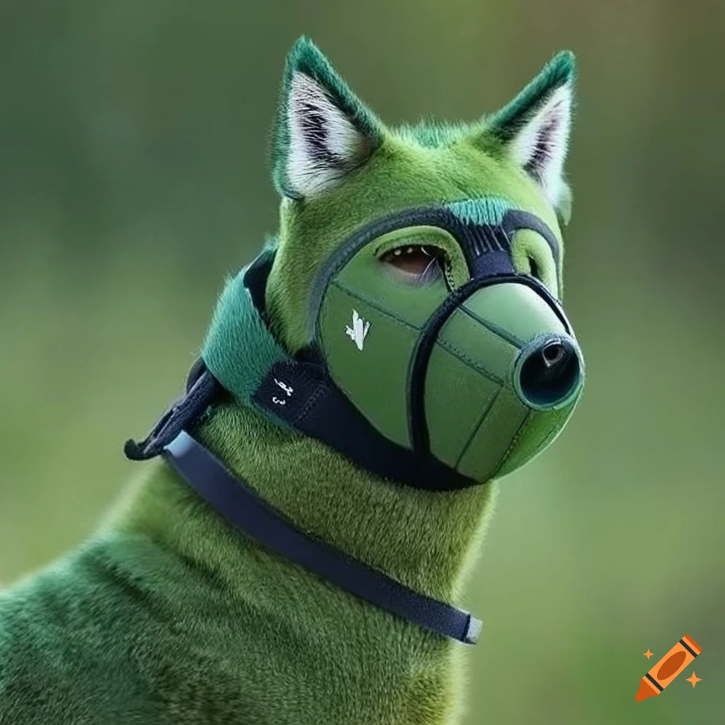 Fox wearing a thick olive drab winter sock as a muzzle on Craiyon