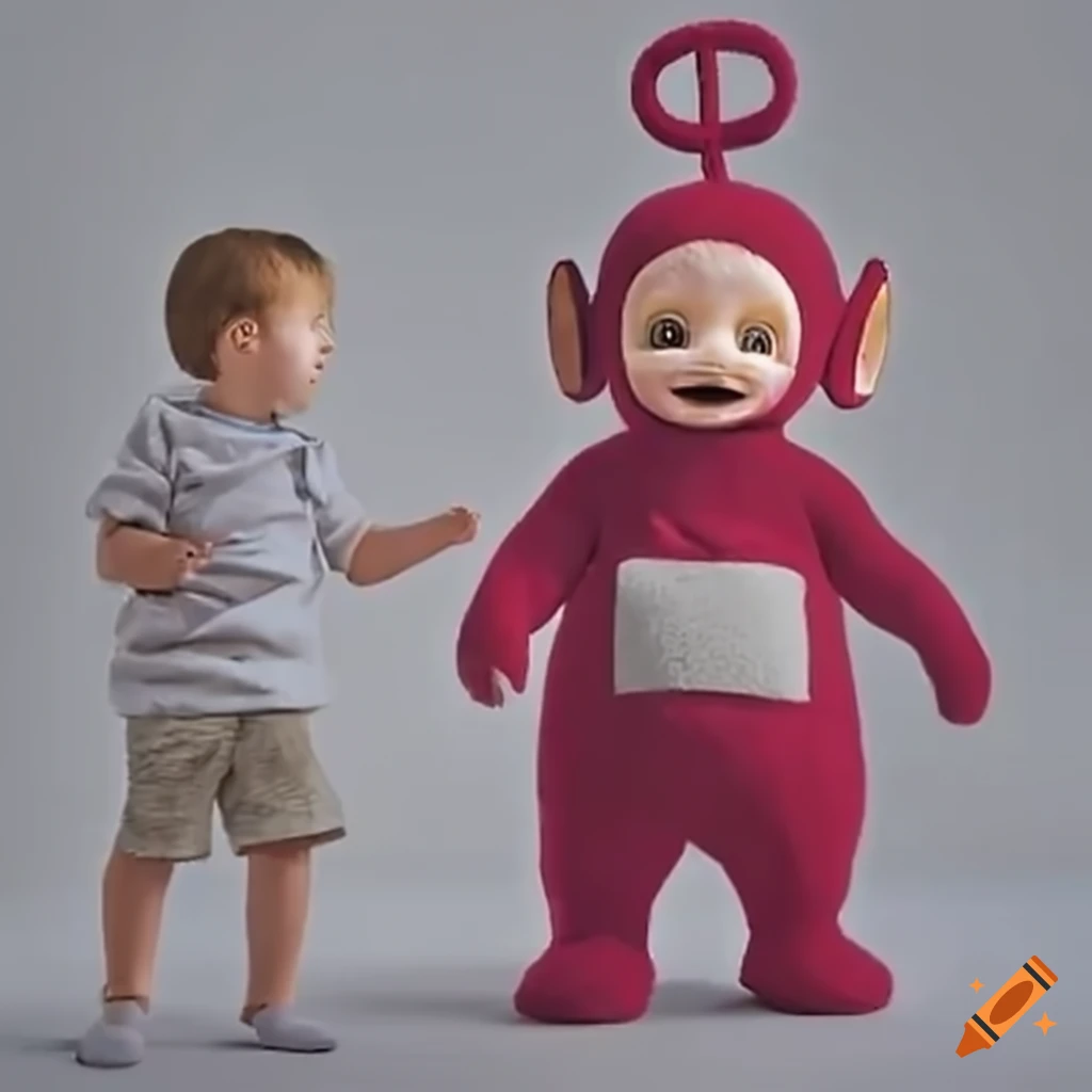 Female teletubby playfully offering to carry a boy on Craiyon