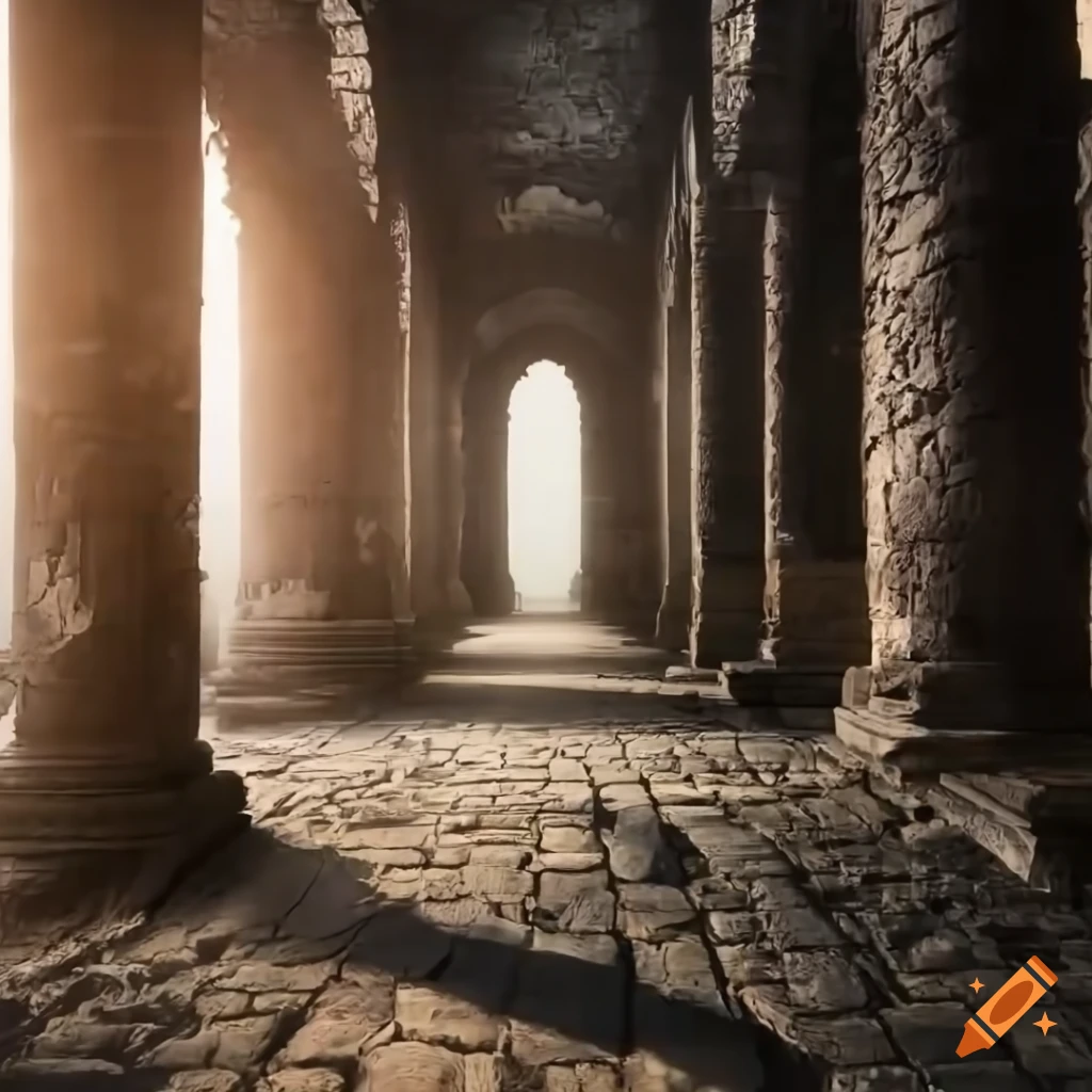 Sunlight streaming through ancient Roman ruins with volumetric fog on ...