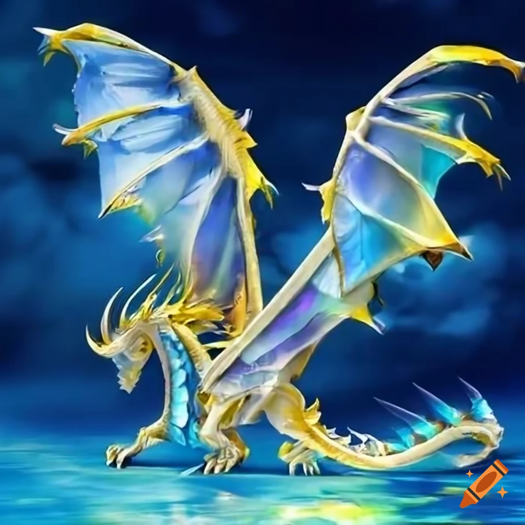 Mythical diamond dragon with yellow crystal wings soaring in the sky on ...