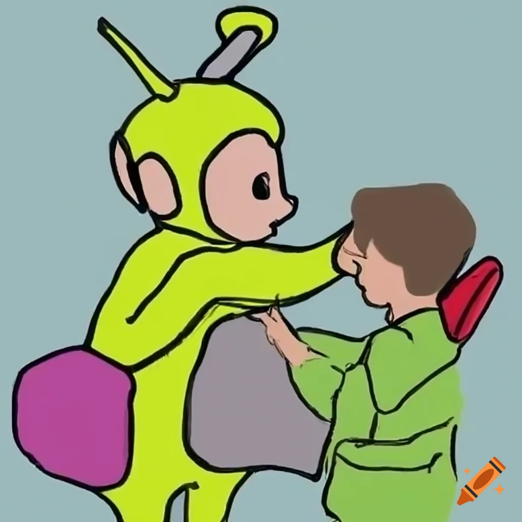 Female teletubby playfully offers to carry a boy on Craiyon