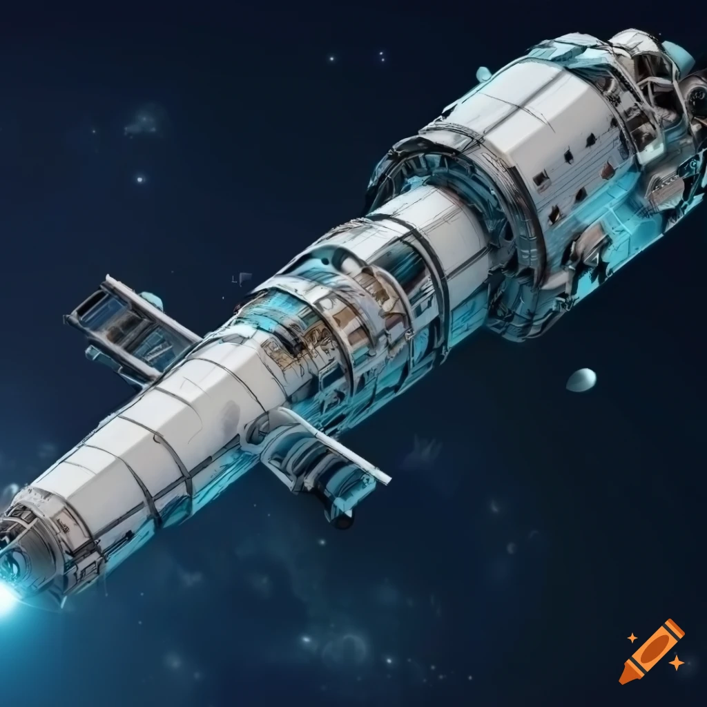 Long cylindrical spaceship with various modules and compartments in a sci-fi style on Craiyon