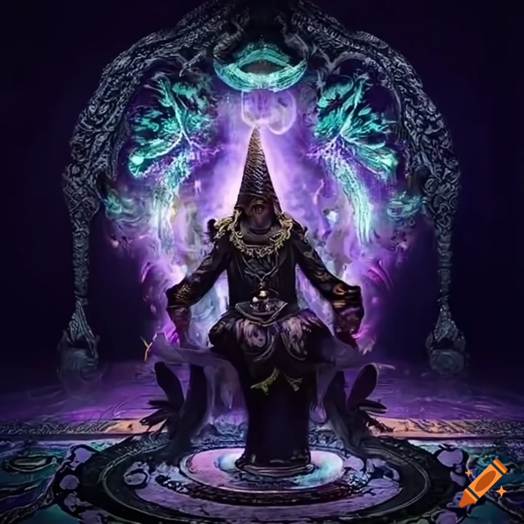 Mythical wizard emanating magical energy on an ornate throne on Craiyon
