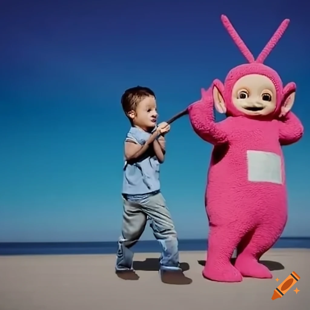 Female teletubby carrying a boy playfully on Craiyon