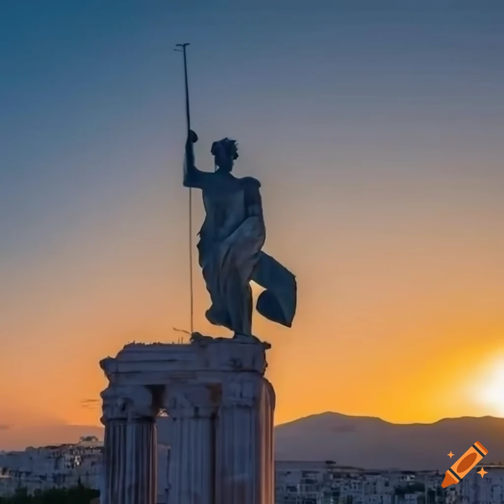 Greek flag at sunset in athens with ancient greek statues on Craiyon