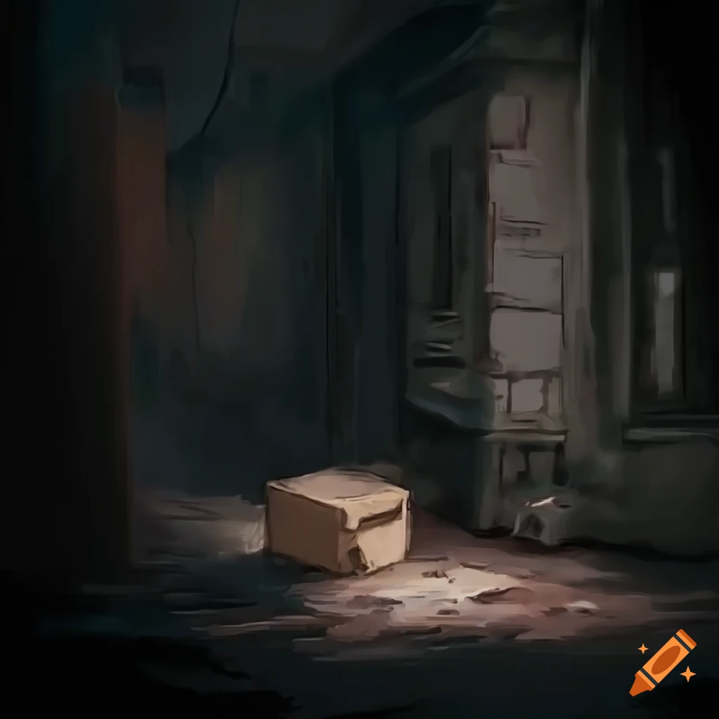 Pixelart closeup of a lonely cardboard box in a rainy alley with ...