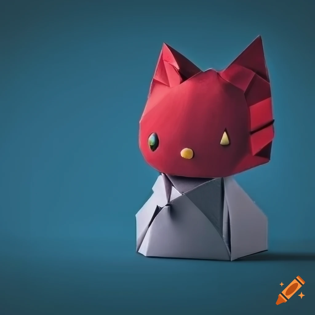 Hello kitty origami on a high poly design with wood and blue background ...