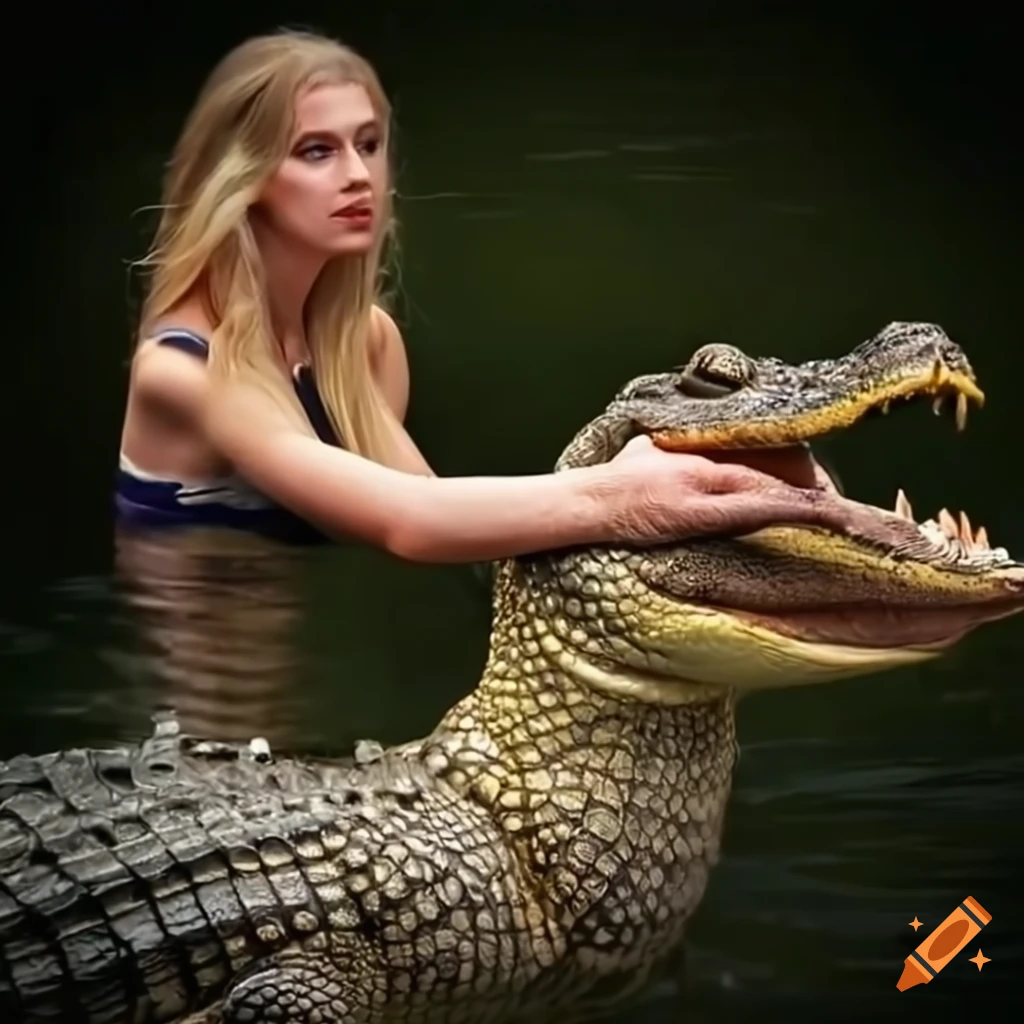 Blonde french woman riding an alligator on Craiyon