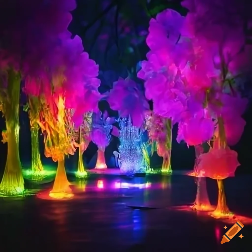 Forest fabric installation with glowing flowers at a dinner event on ...