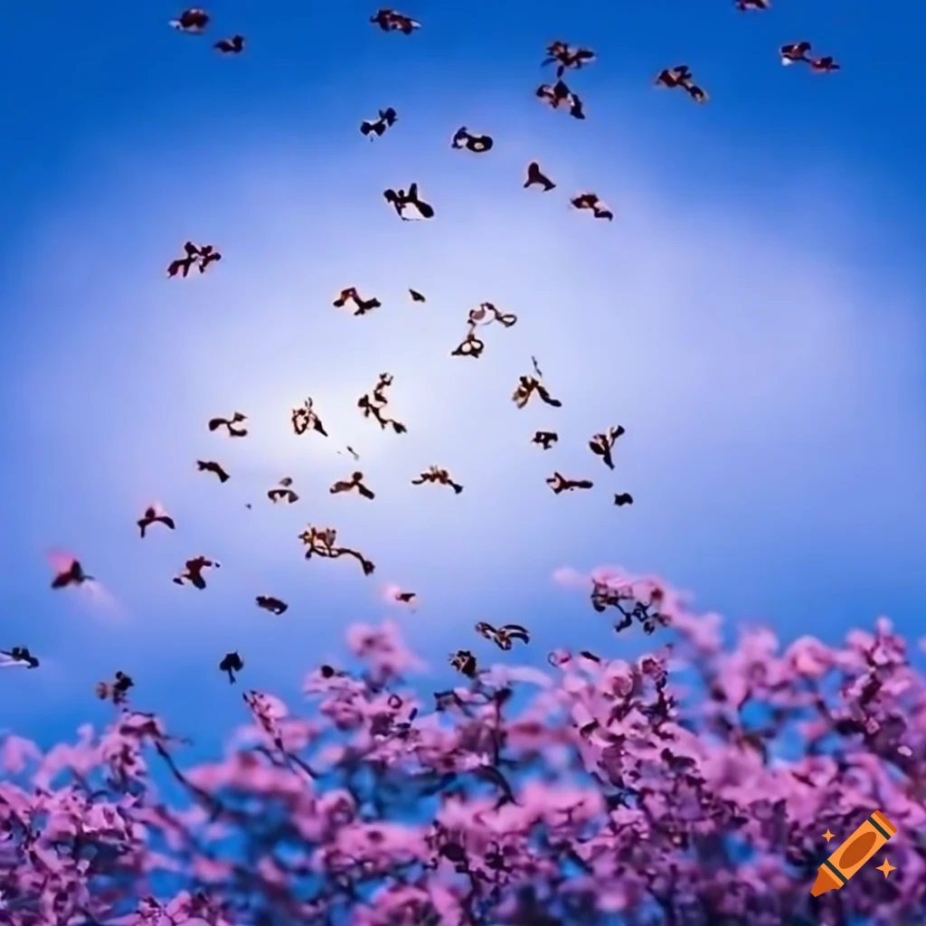 Blossoms raining from the sky with butterflies flying around on Craiyon