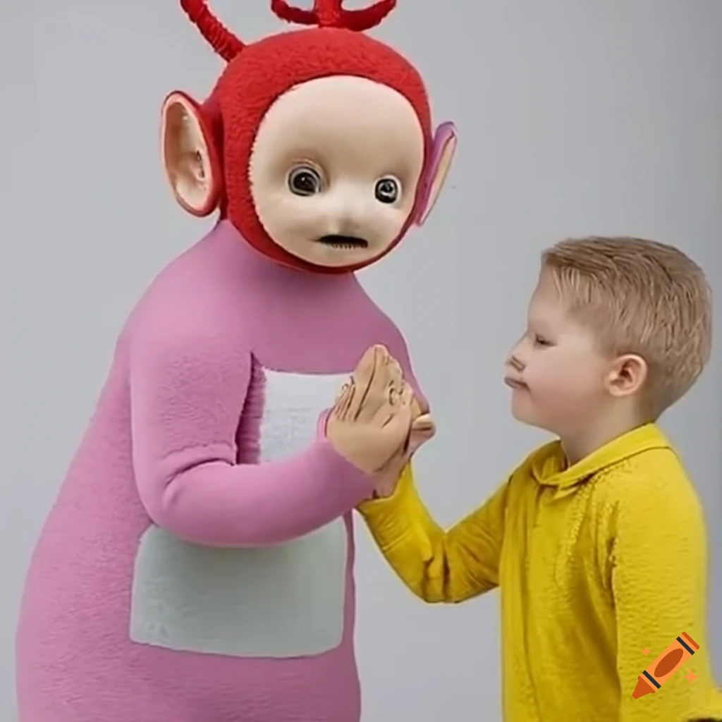 Female teletubby carrying a boy playfully on Craiyon