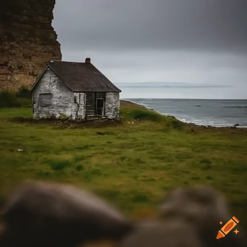 Old house in a stormy coastal setting with waves crashing against rocks ...