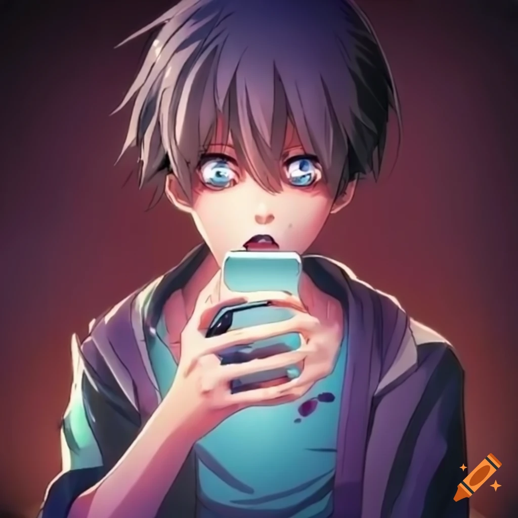 Anime boy looking scared at his phone on Craiyon