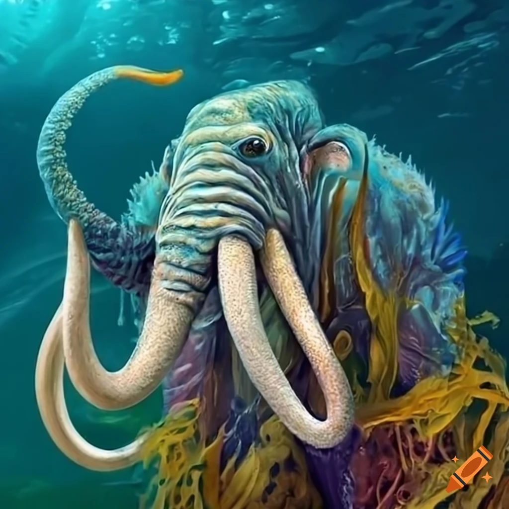 Underwater mammoth covered in seaweeds and barnacles on Craiyon