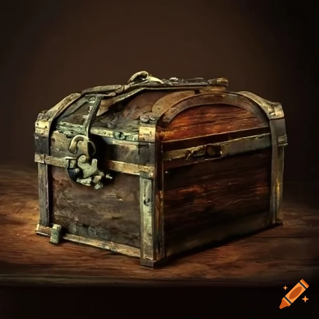 Derelict treasure chest with partially open glowing lid on Craiyon