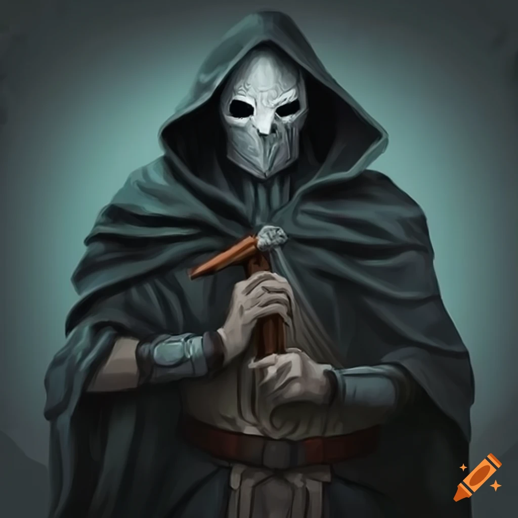 Stealthy rogue character in a white mask ready for battle with a short ...