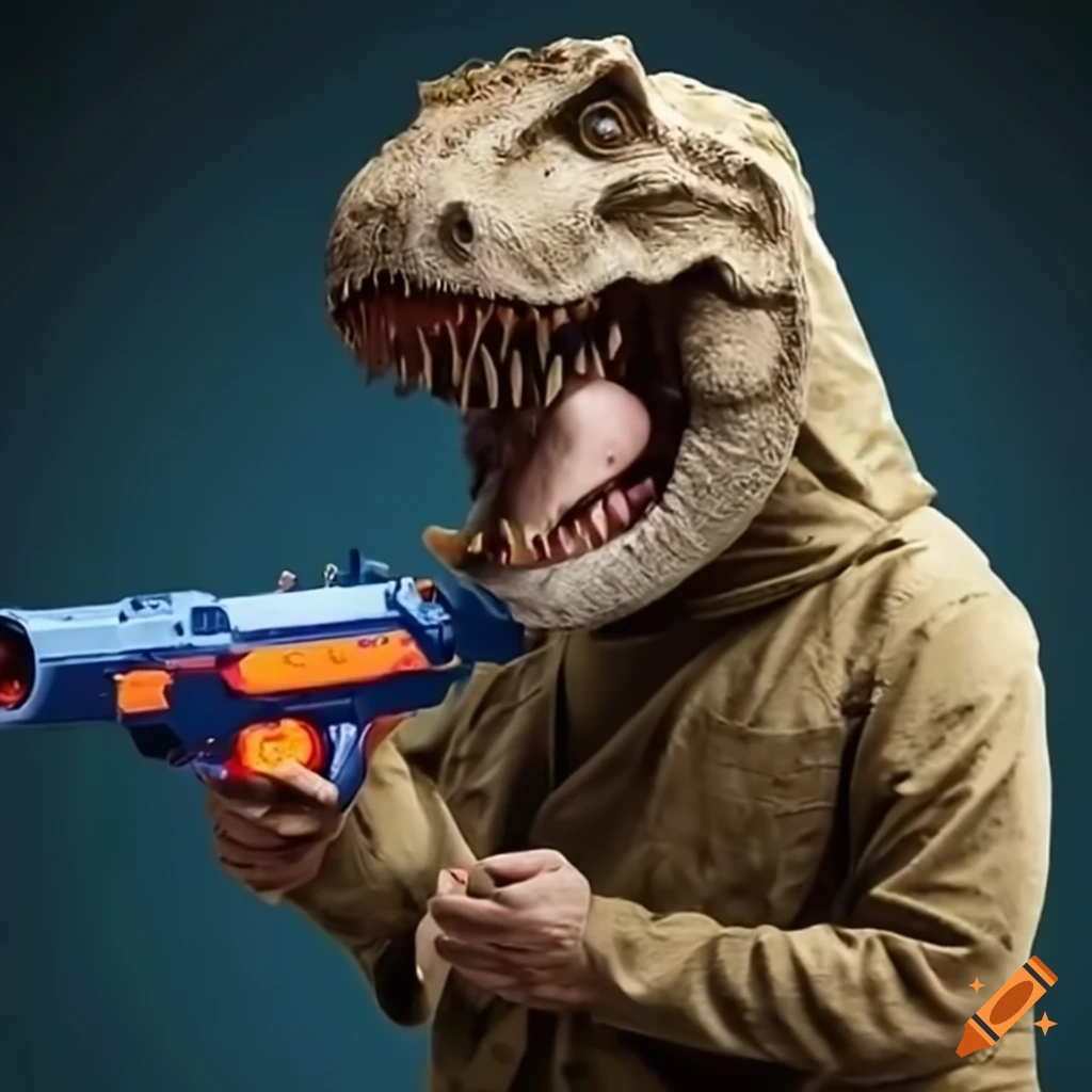 T Rex archeologist with nerf gun in an office setting on Craiyon