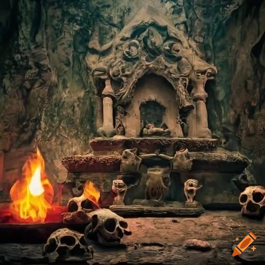 Intricately decorated ancient altar in a mysterious jungle village with ...