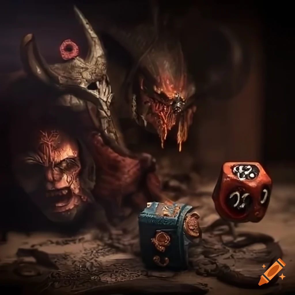 Warhammer Universe scene with a knight rolling a dice and demons ...