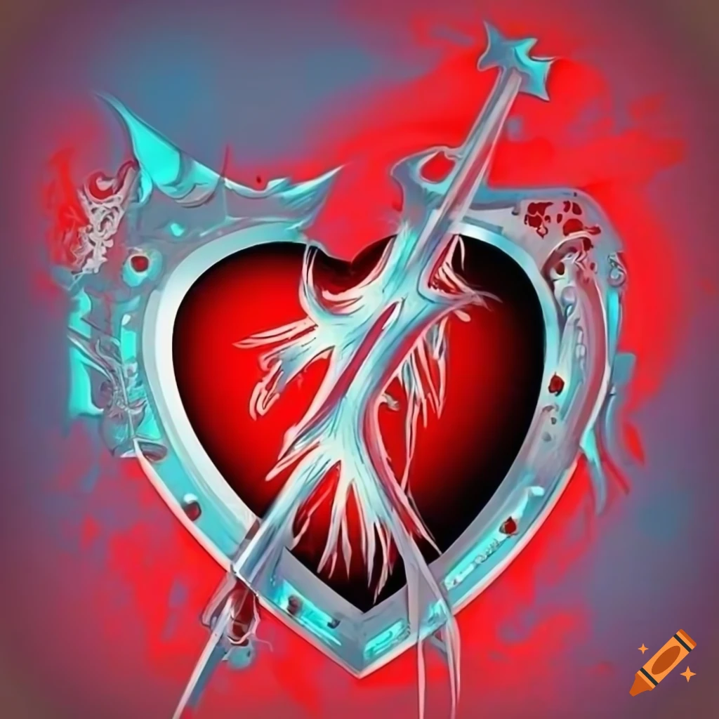 Stabbed heart symbol on a shield in silver and red colors on Craiyon