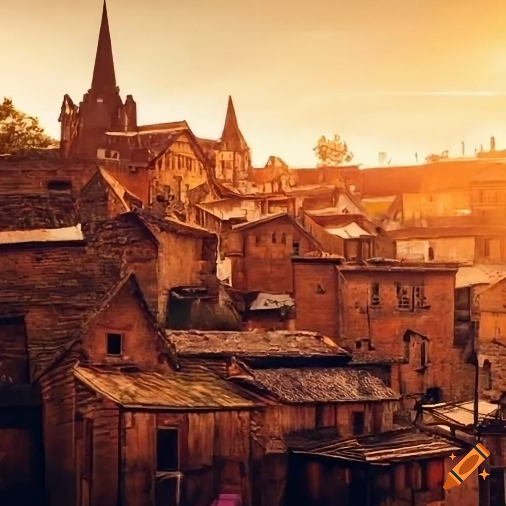 View of an old rustic town with many lively houses on Craiyon