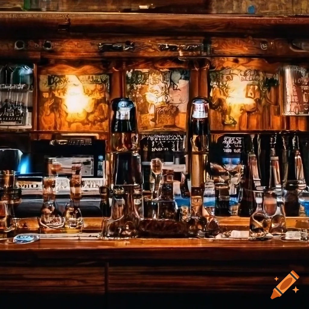 Pub with six beer taps at the bar counter on Craiyon