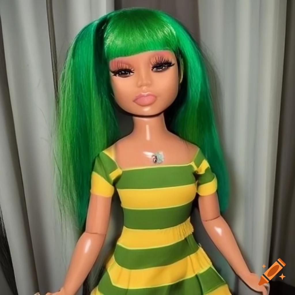Baddie doll in yellow and green dress with green hair on Craiyon