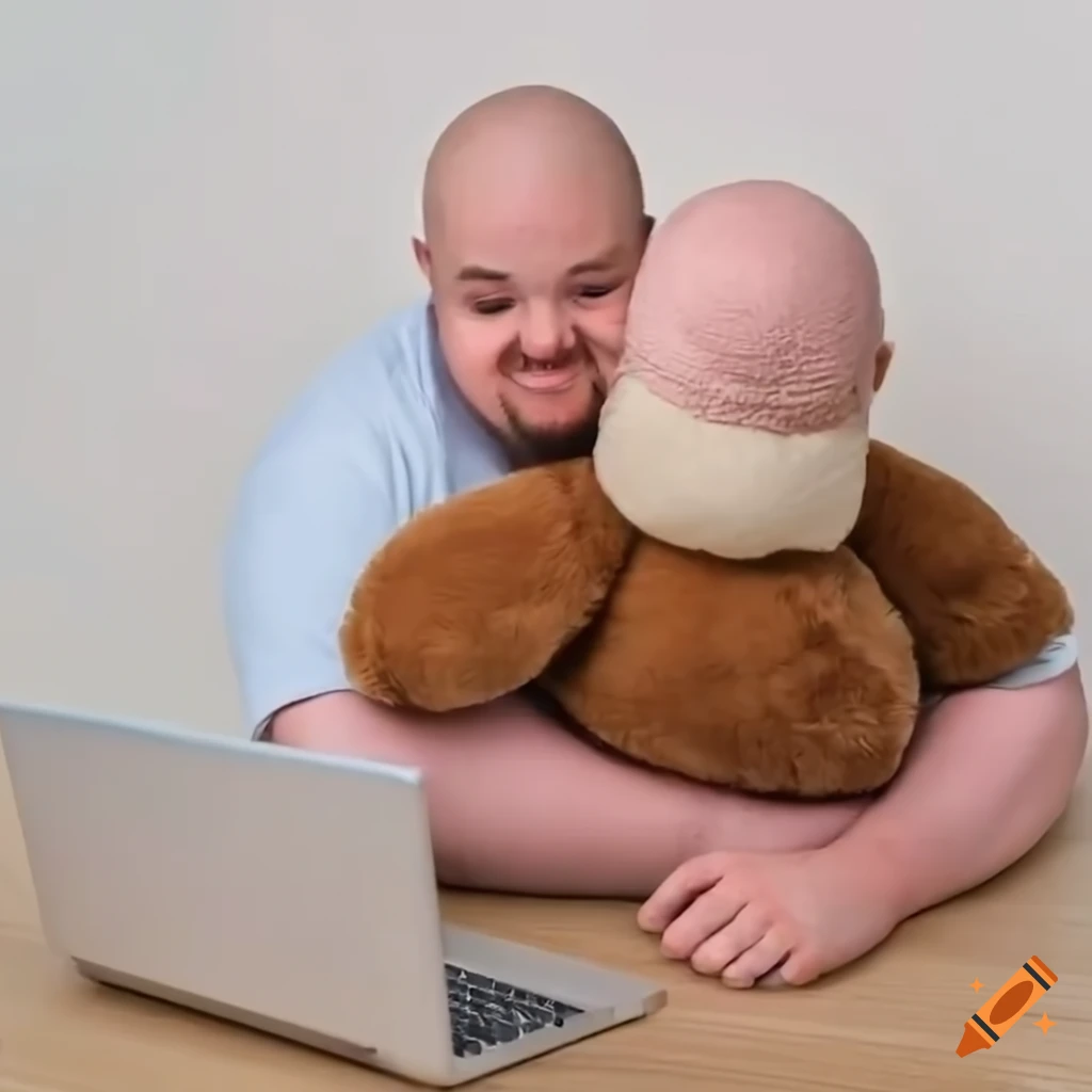 Man with down syndrome hugging a stuffed animal next to a computer on ...