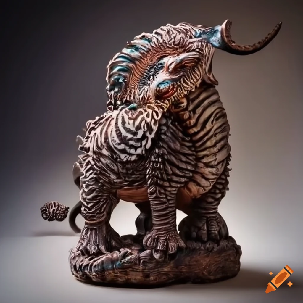 Intricate sculpture of a fusion mythical creature with elephant trunk ...