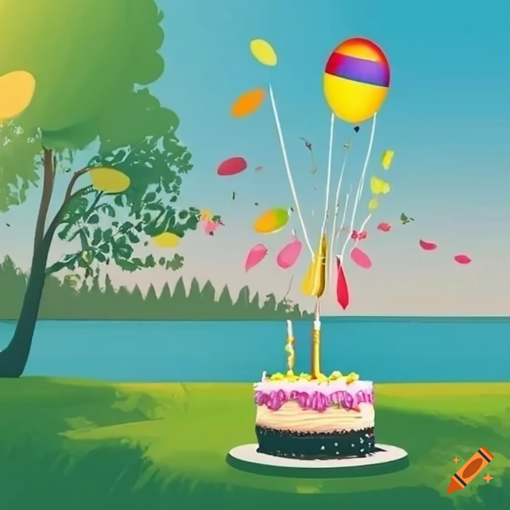 Lakeside view with a bench, balloons, and birthday cake on Craiyon