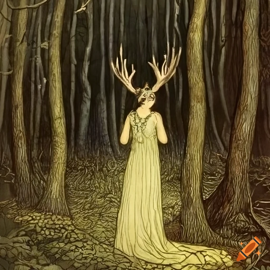 Beautiful woman with deer antler crown in a spooky forest illustration ...