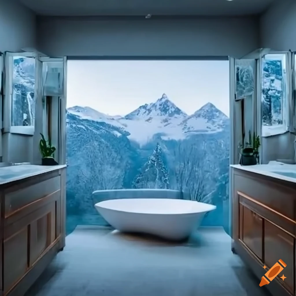 Luxurious bathroom with heated floor and stunning view of snow-capped ...