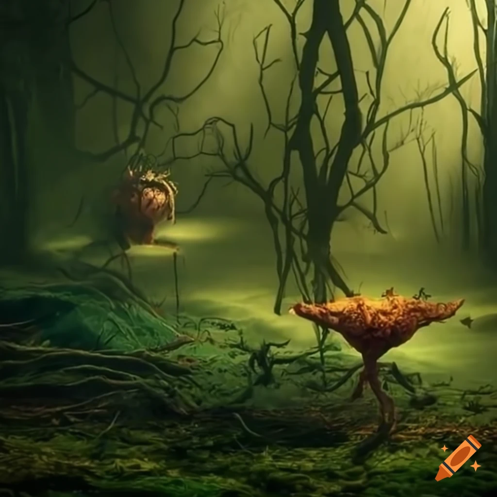 Landscape of vegetable creatures dancing in a forest setting on Craiyon