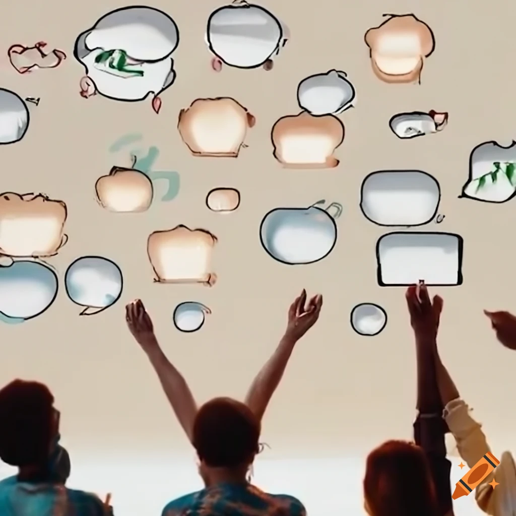 Diverse group discussing around a table with speech bubbles symbolizing ...