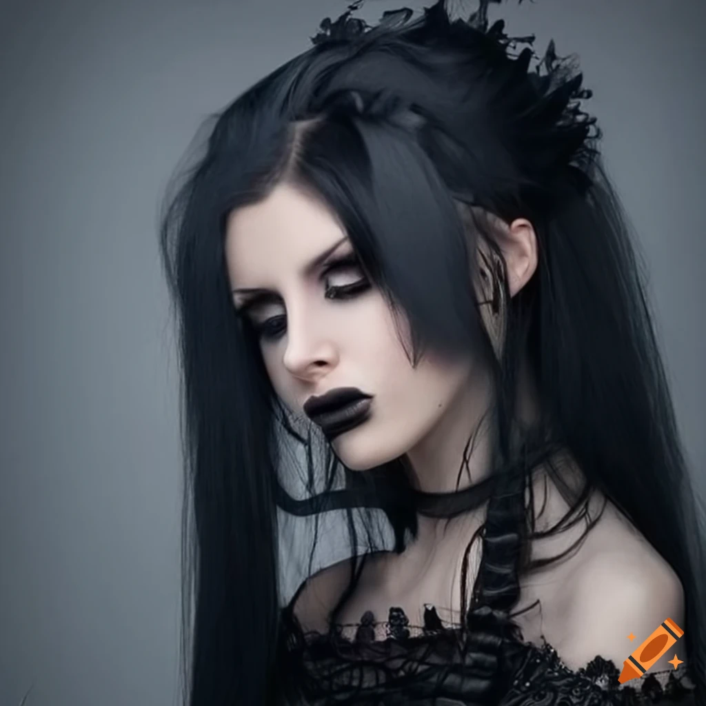 Gothic fashion model with long dark hair and fangs on Craiyon
