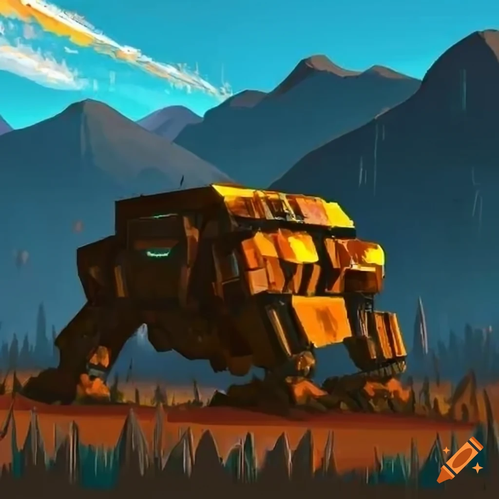 Boxy quadrupedal mech in a fiery landscape on Craiyon