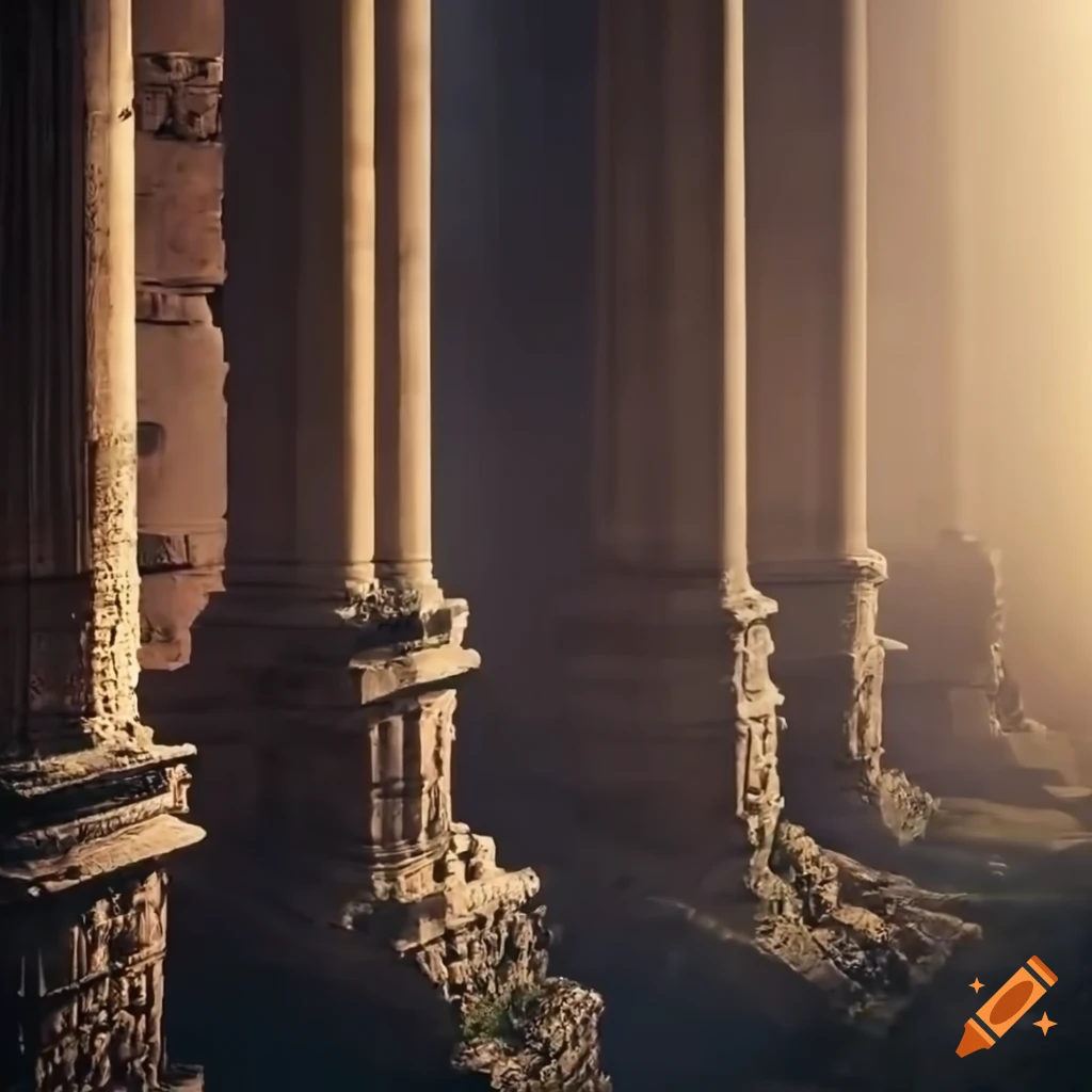 Sunlight streaming through ancient Roman ruins with volumetric fog on ...