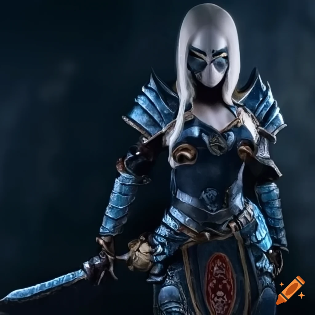 Female cleric in dark blue harlequin armor and mask on Craiyon