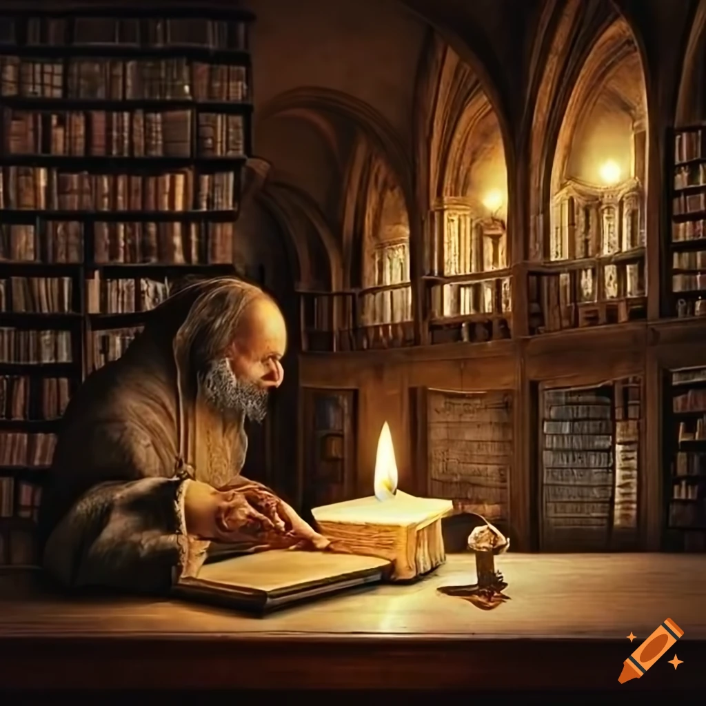 Dimly lit medieval monastery library with wise hermit monk on Craiyon