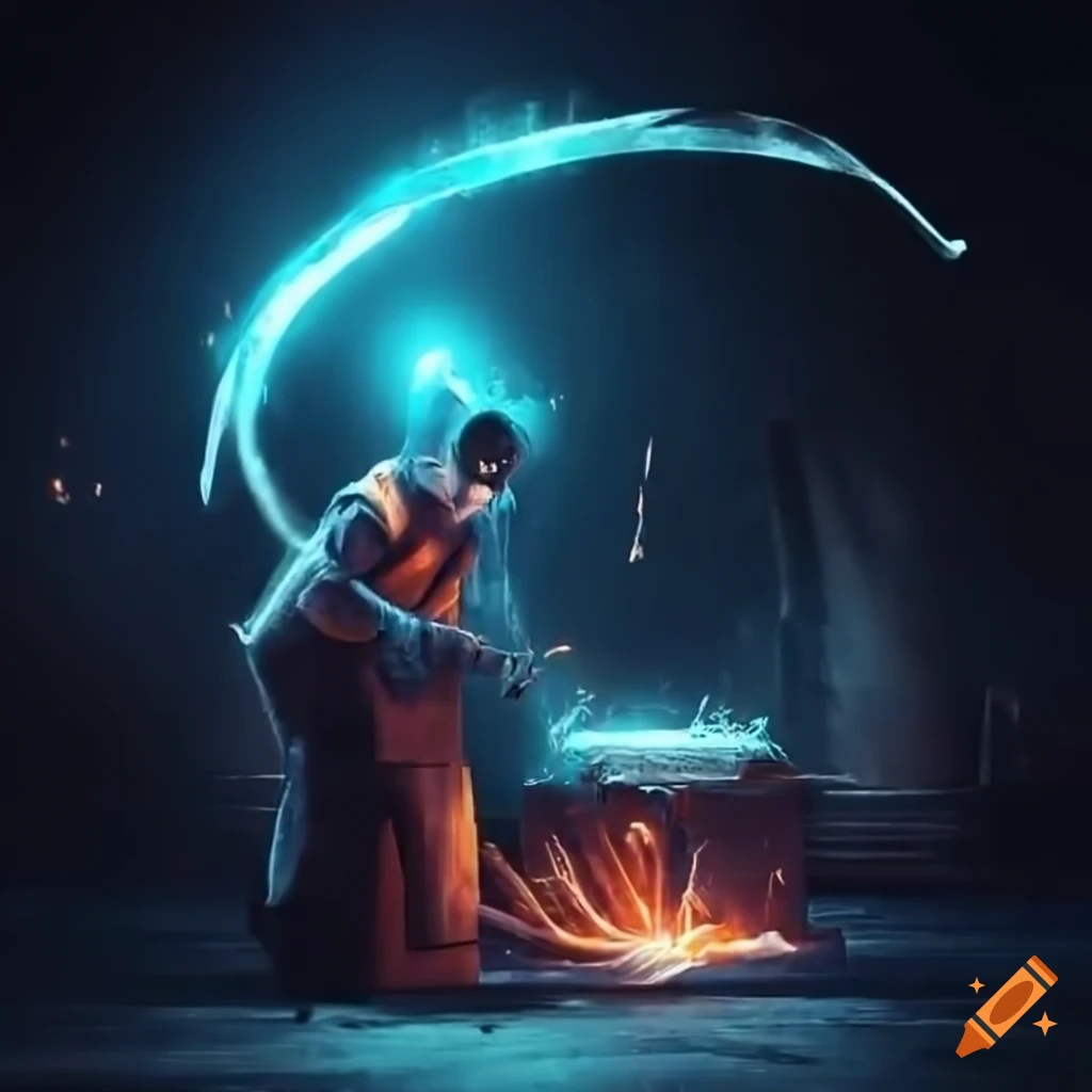 Futuristic blacksmith crafting a glowing sword in high-tech workshop on Craiyon