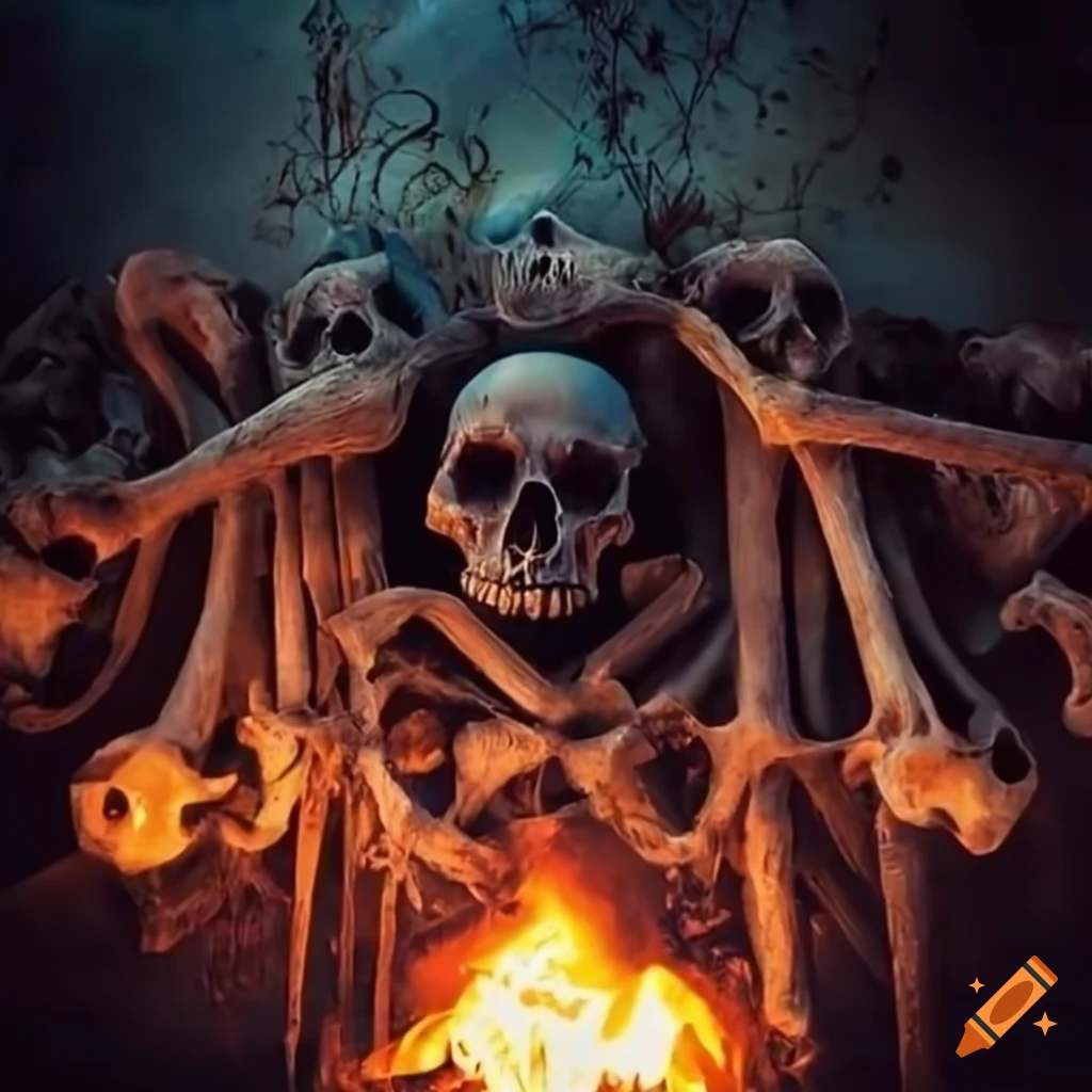 Ancient macabre altar of animal bones and skulls surrounded by fire in ...
