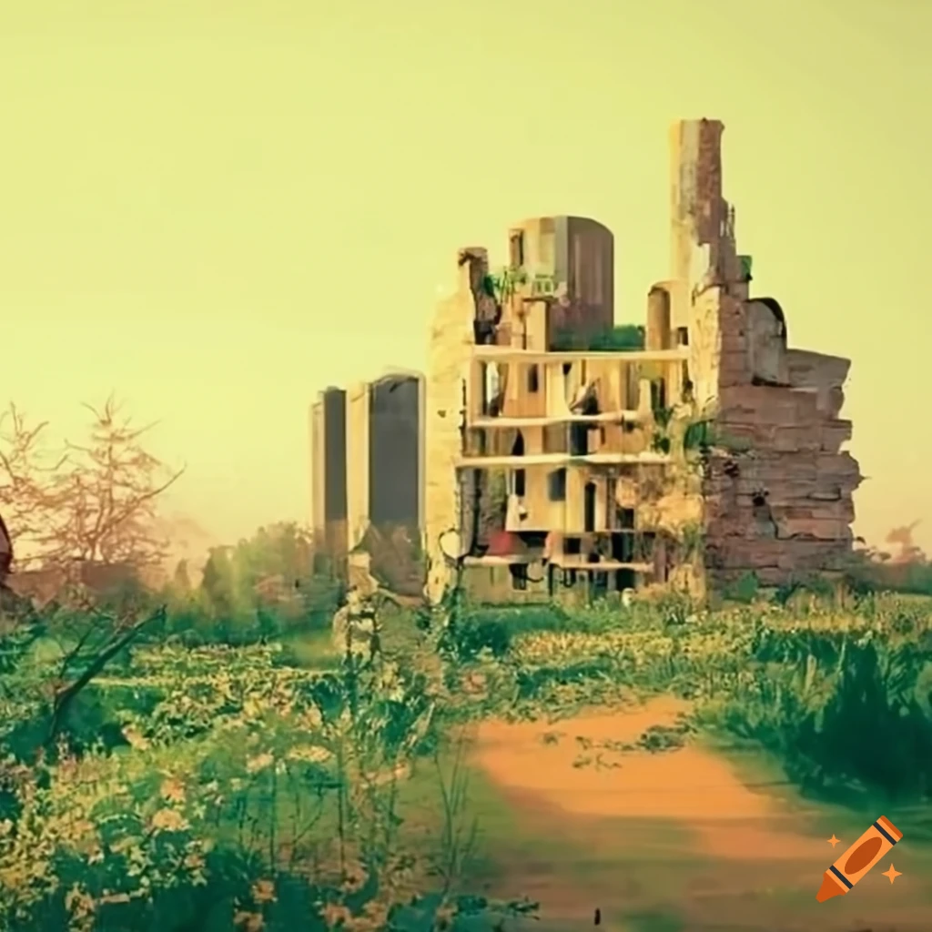 Retro-futuristic 1970s dystopian gardening scene with ruins on Craiyon