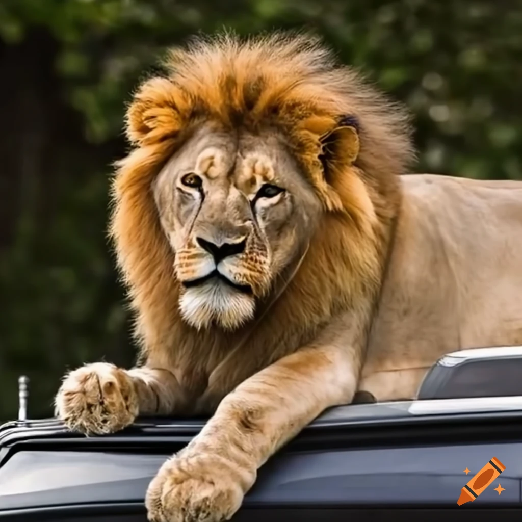 Lion resting on a car on Craiyon