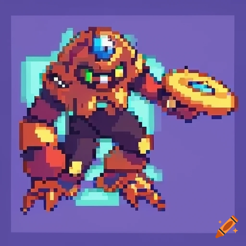Boss character from mega man ii with a frisbee in pixel art on Craiyon