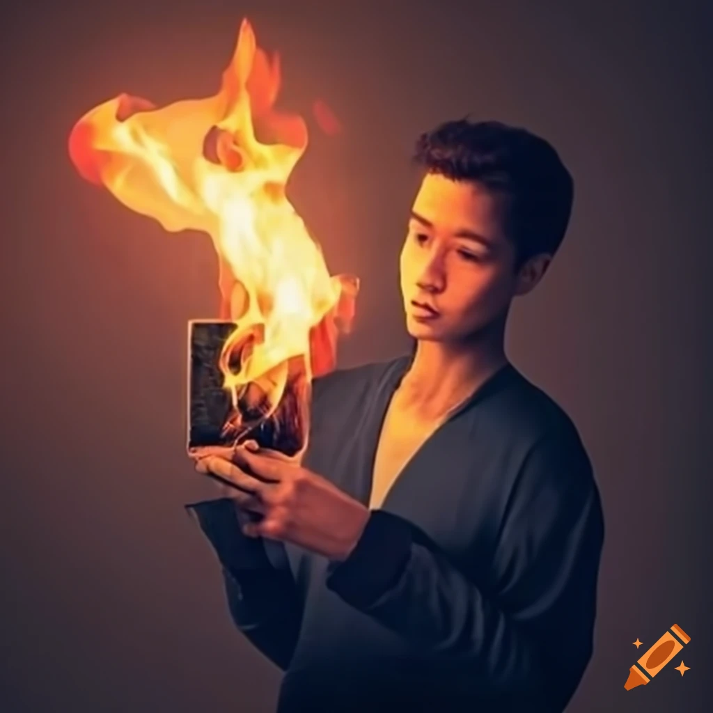 Young man holding a burning photograph in profile view on Craiyon