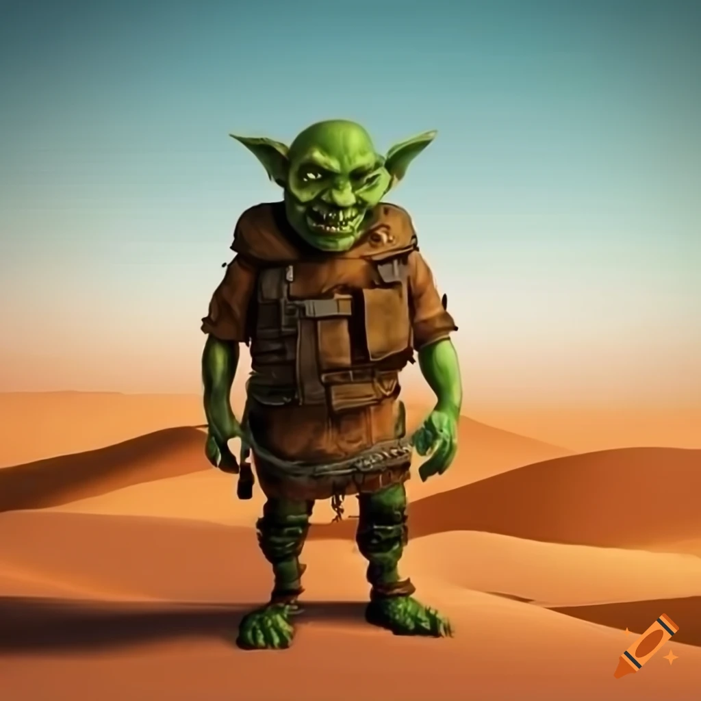 Realistic goblin in military plate carrier in desert landscape on Craiyon