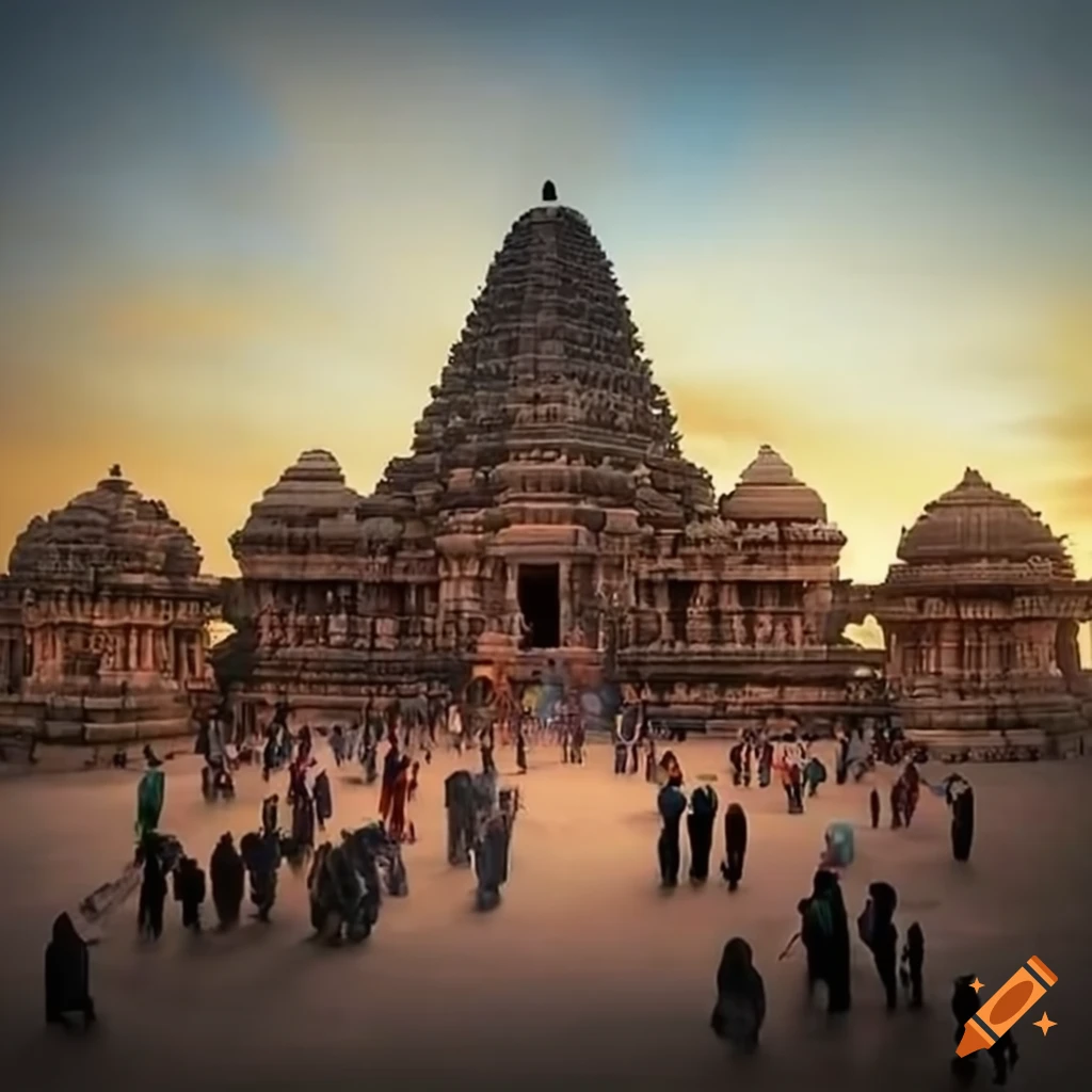 Ancient indian giant temple with water channels and crowds of people on ...