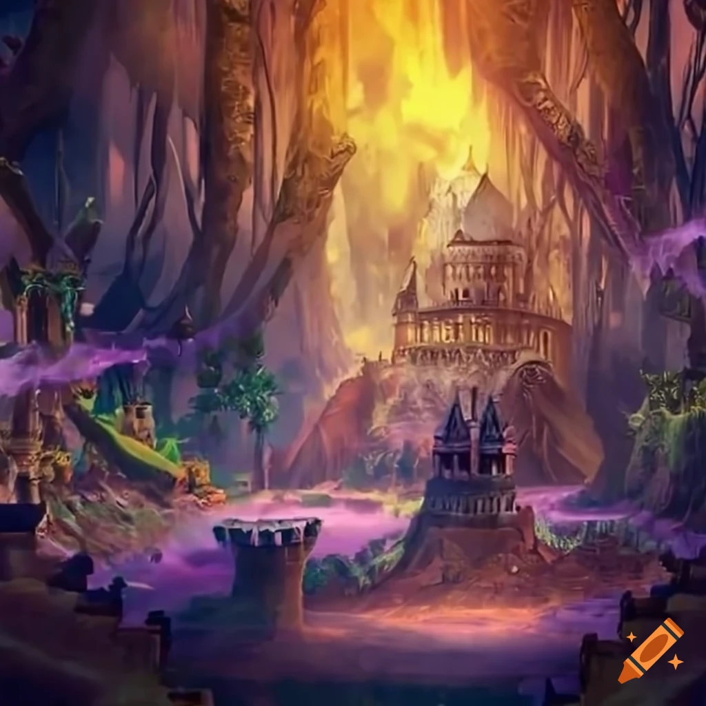 Magical jungle with castle and magical people, golden and white rays ...