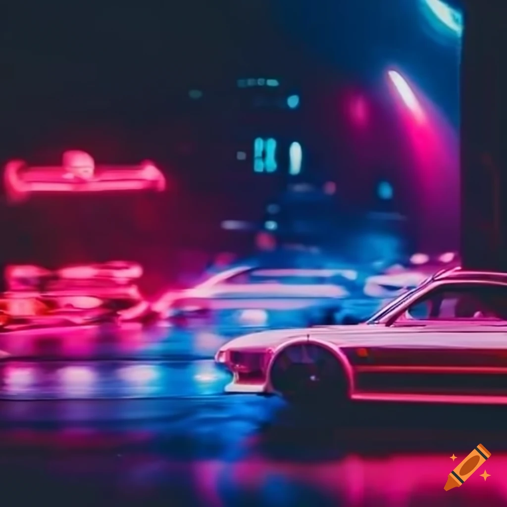 Jdm style cars with neon lights in an 80s retro setting on Craiyon