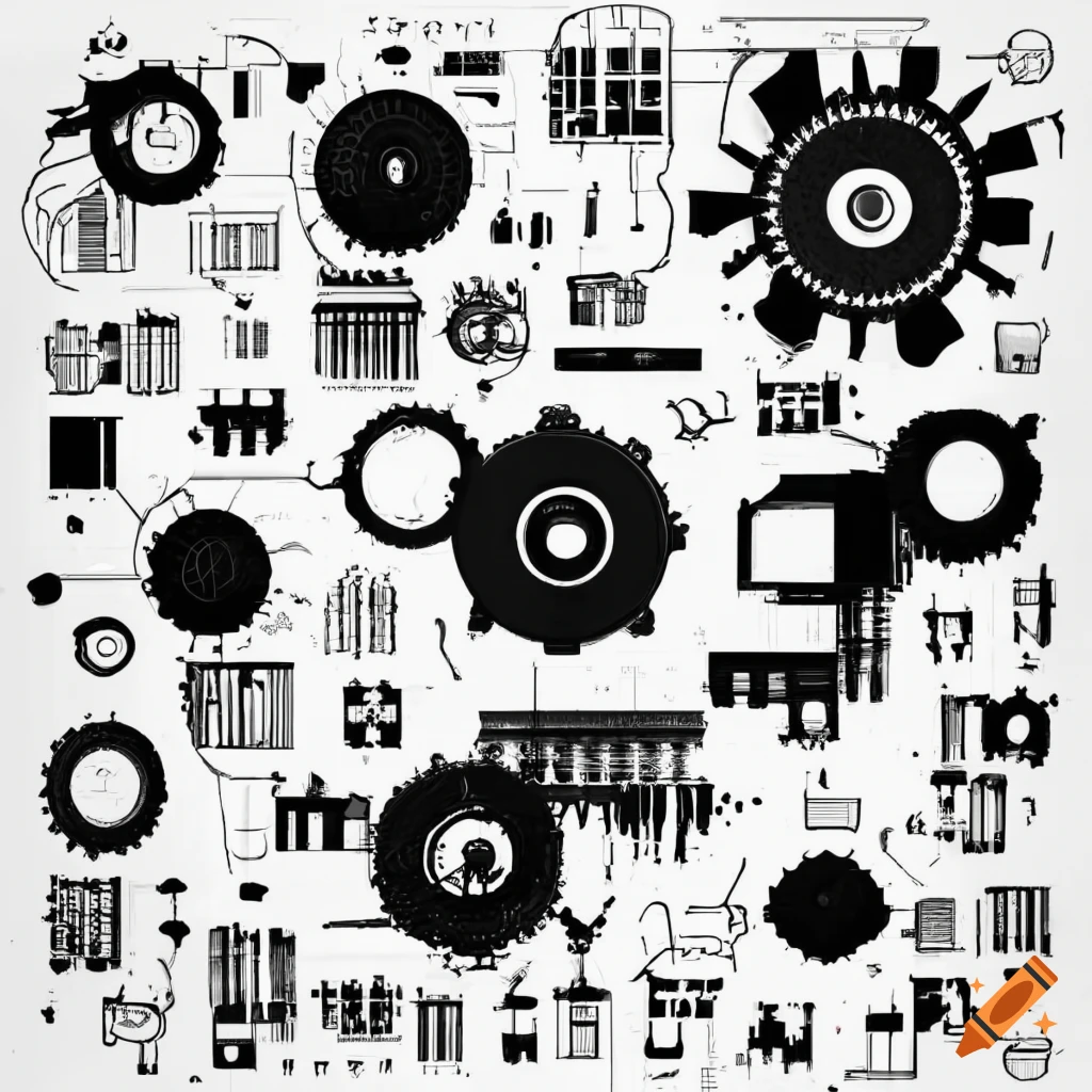 Small black objects and abstract machinery schemes on white background ...